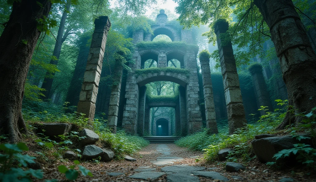 “The forest-covered ruins of Dudley, stone foundations, unnatural ...