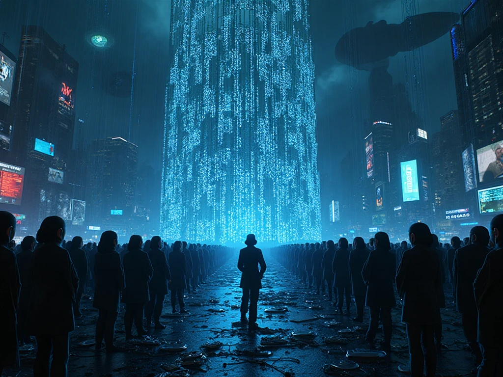 Dark dystopian illustration showing humanity enslaved by technology ...