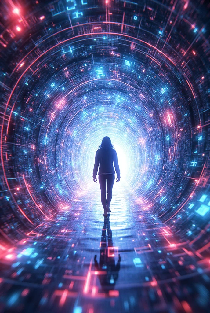 “Surreal illustration: person walking through a time tunnel with ...