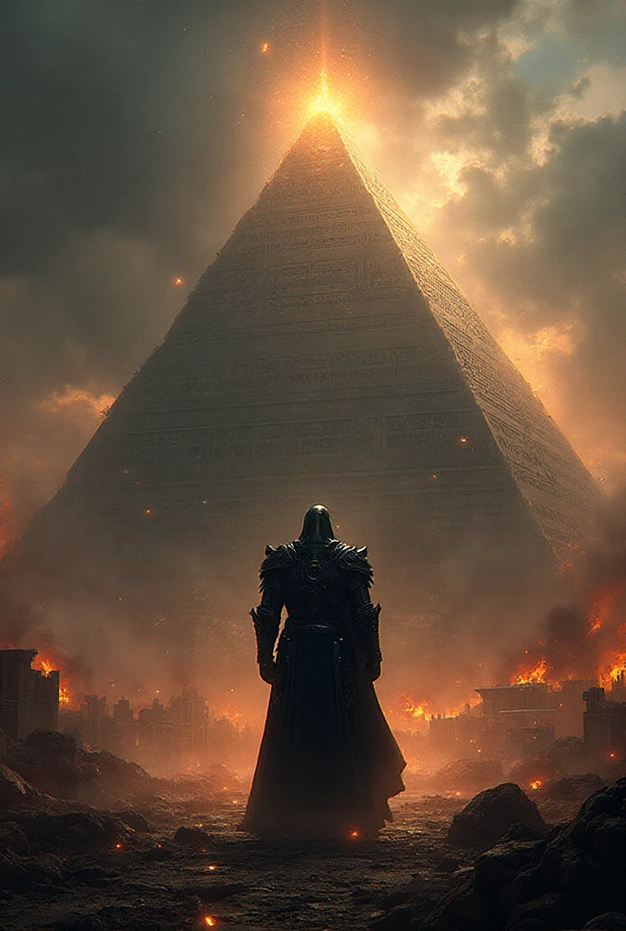 An Assyrian pyramid in the middle of a fiery city with mysterious ...