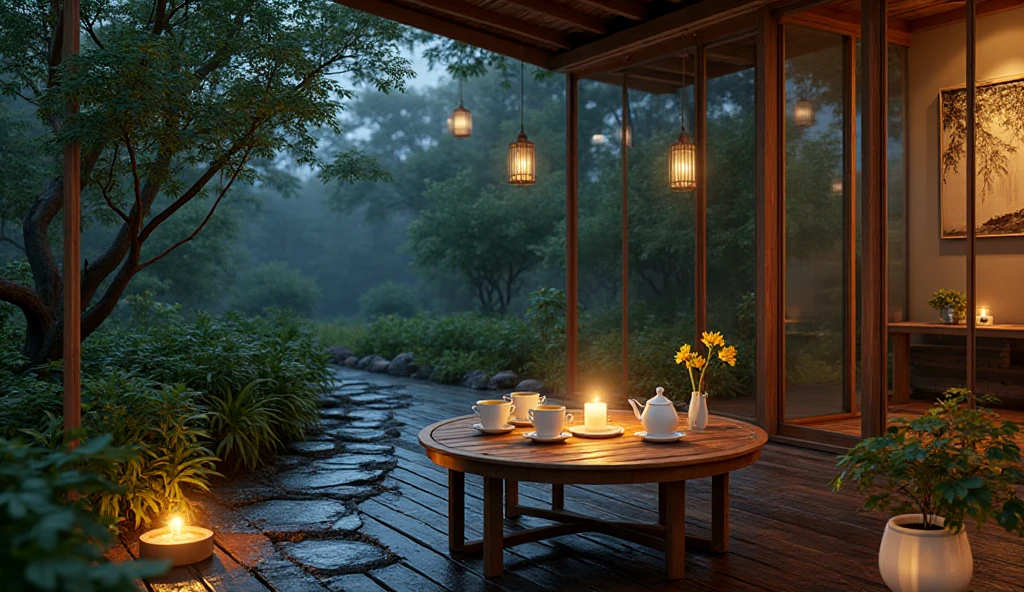 A cozy wooden tea room with angular edges and full glass walls on all ...