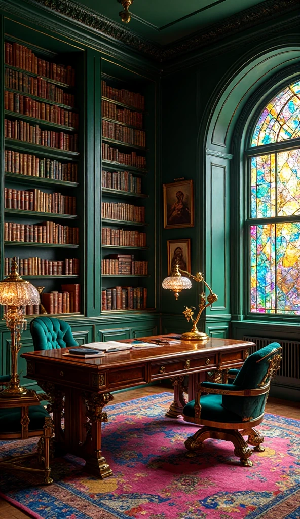 “An extreme ultra-luxury colorful study room, walls covered in deep ...