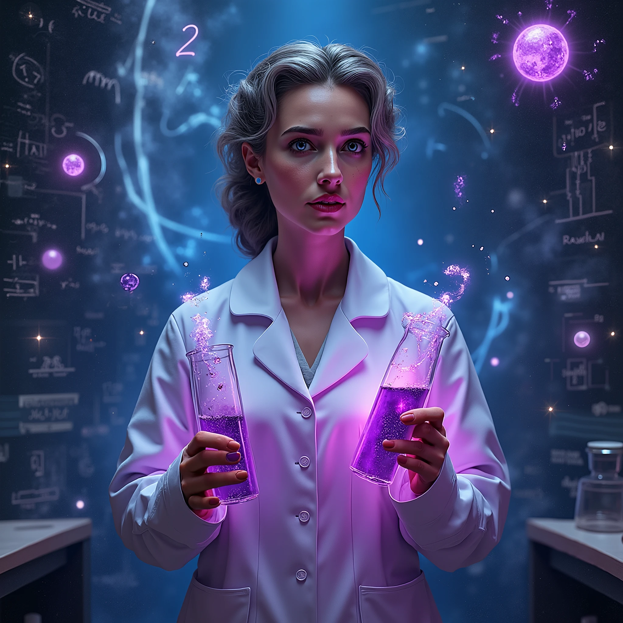 Marie Curie in a lab coat, holding test tubes with math formulas ...