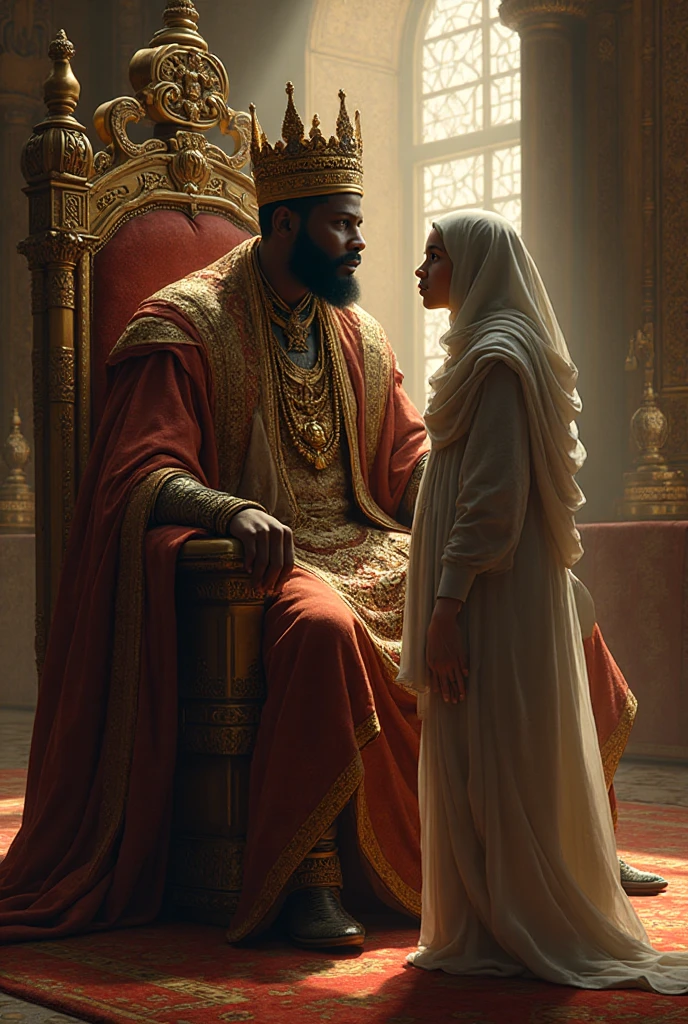 Dark African king sitting on his throne and a Muslim girl standing ...