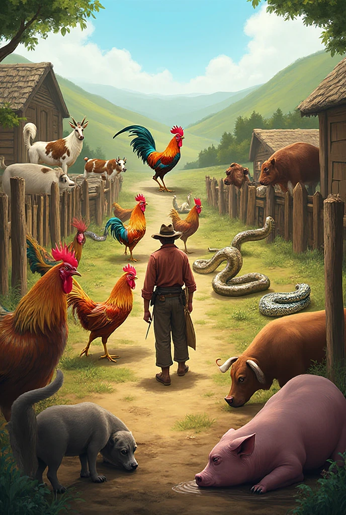 4 roosters, a dog, 2 snakes , a farmer, 2 cows, 1 pig , - SeaArt AI