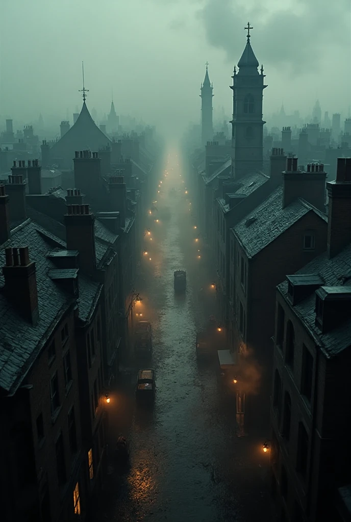 A cinematic aerial shot of Whitechapel, London 1888 , showing the ...