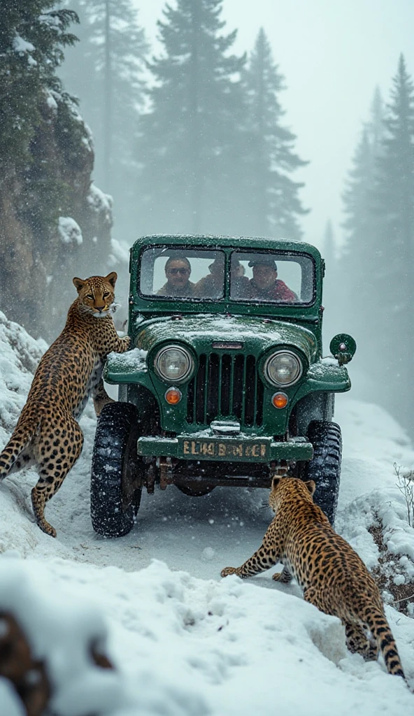A group of strong leopards pushing and pulling a green vintage jeep ...