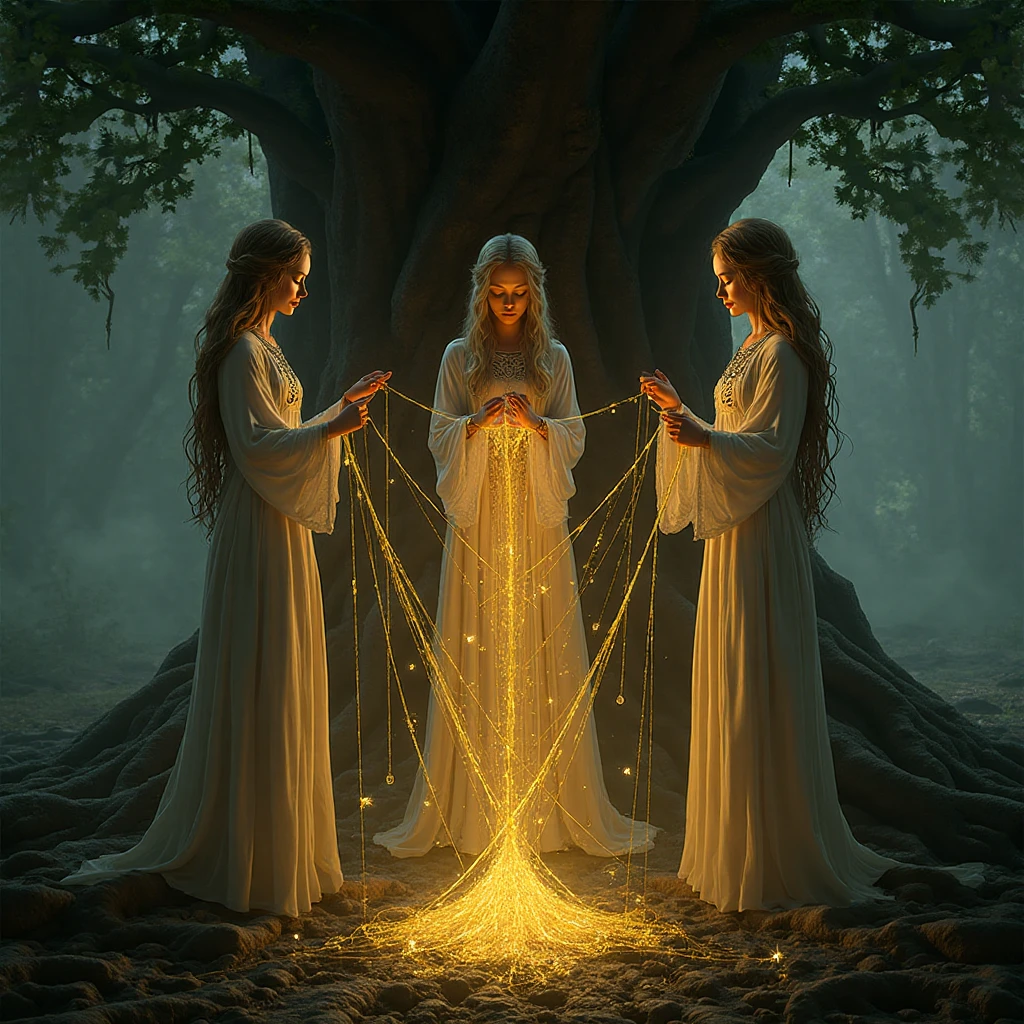 The Three Norns are women in long dresses, spinning the golden threads ...