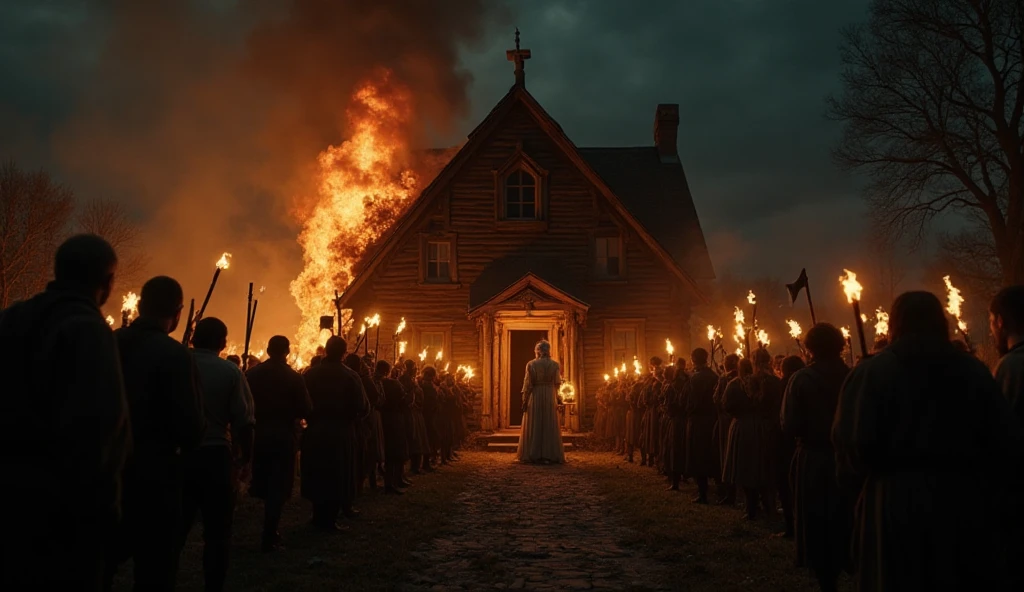Angry townspeople holding torches and axes surrounding a crooked wooden ...