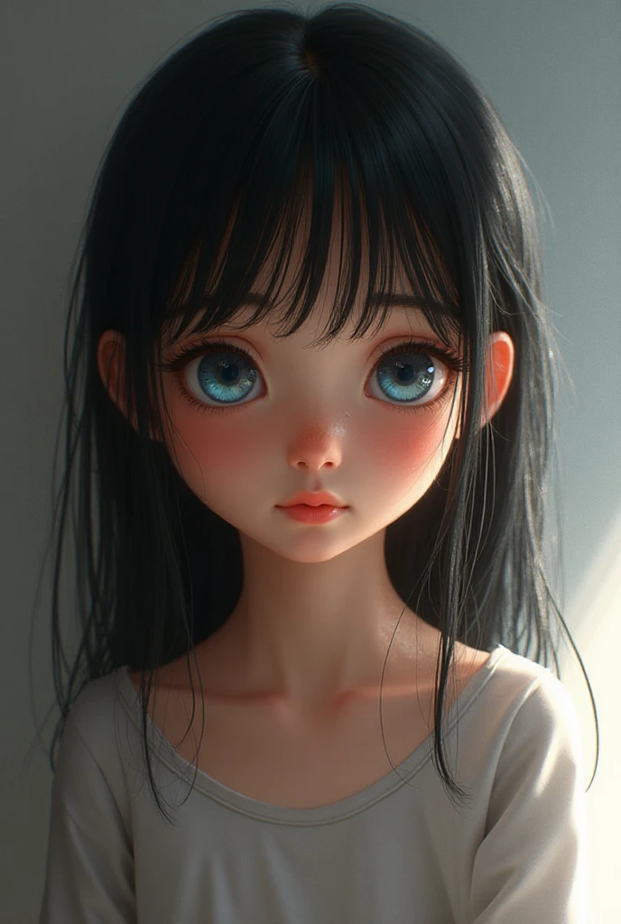 A 13-year-old girl with dark hair with straight hair blue eyes normal ...