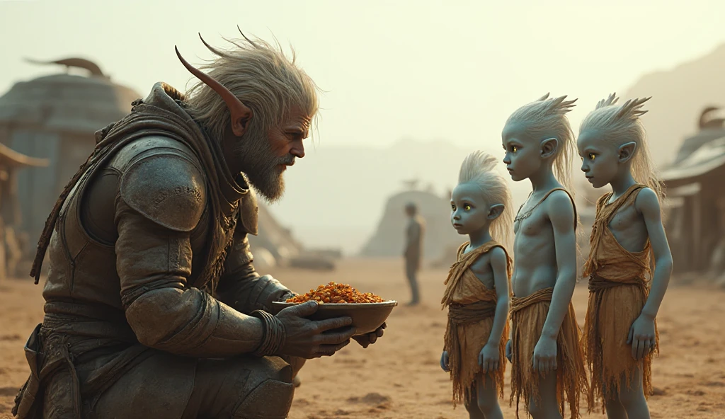 A hyperrealistic cinematic scene of a rugged human man in worn ...