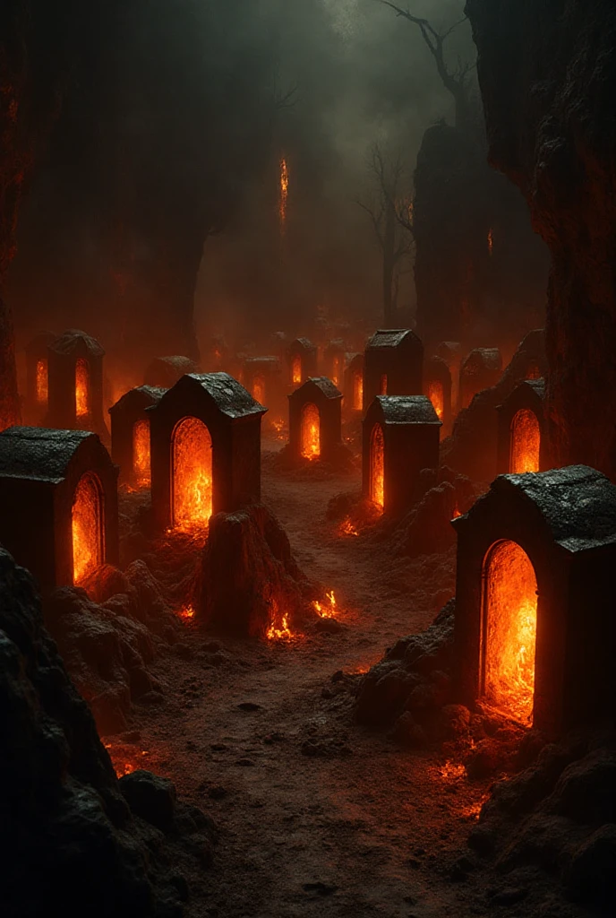 Heretics are shown sealed within glowing, fiery tombs, their forms ...