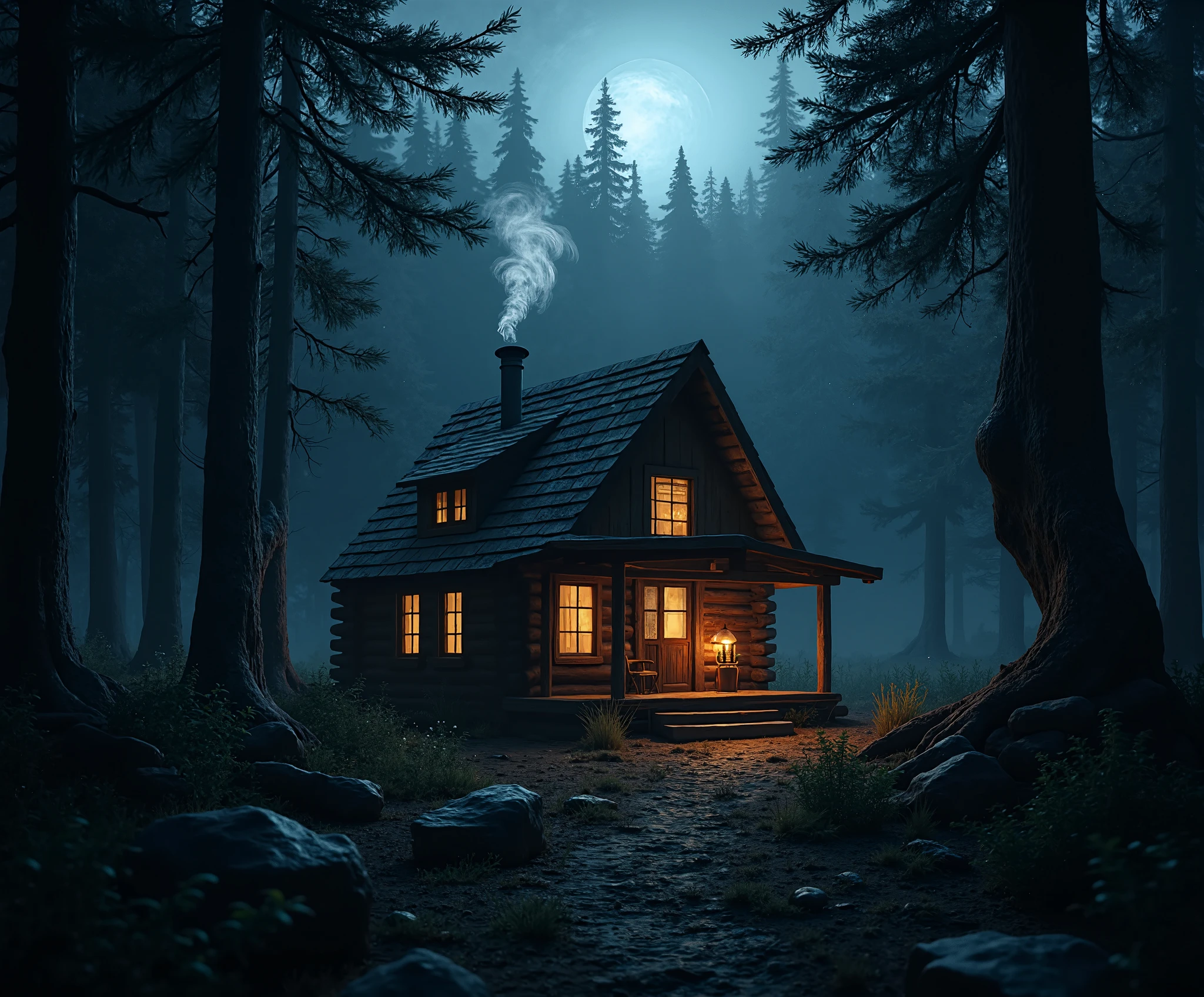 (masterpiece), best quality, show an old wood cabin, surrounded by dark ...