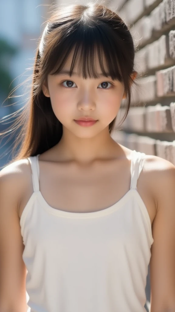 Big eyes、世界一cute中学生、Use your arms 、facing the front、smile,( She - SeaArt AI