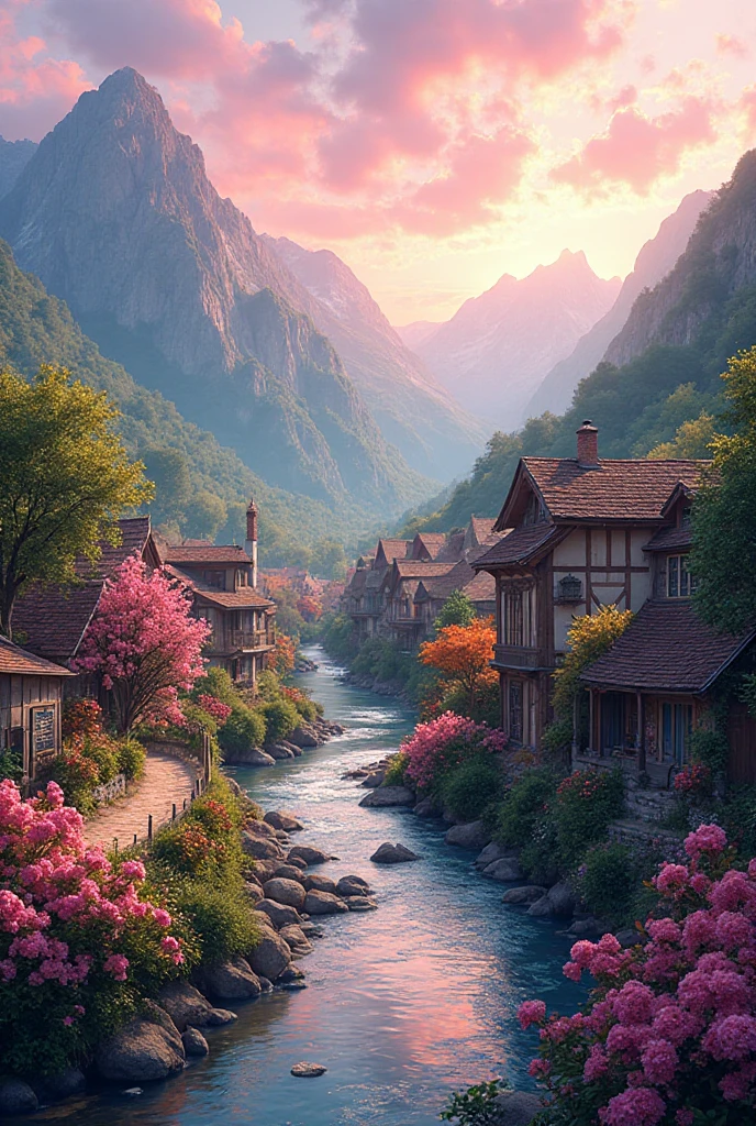 Small village by the river, mountains in the background, colorful pink ...