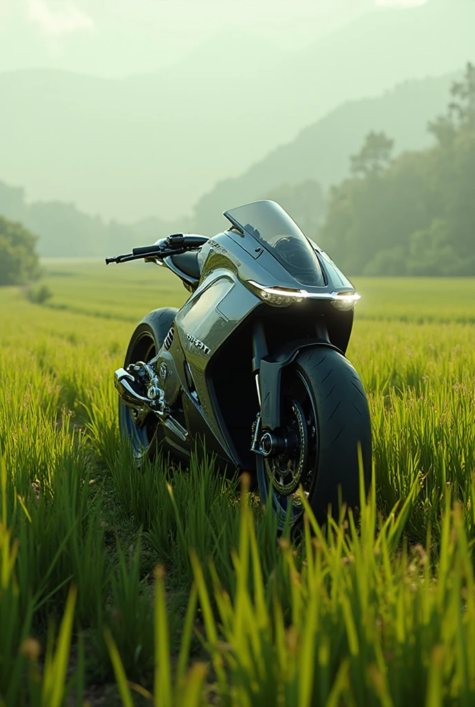 An R3X motorcycle in a Portuguese rice field - SeaArt AI