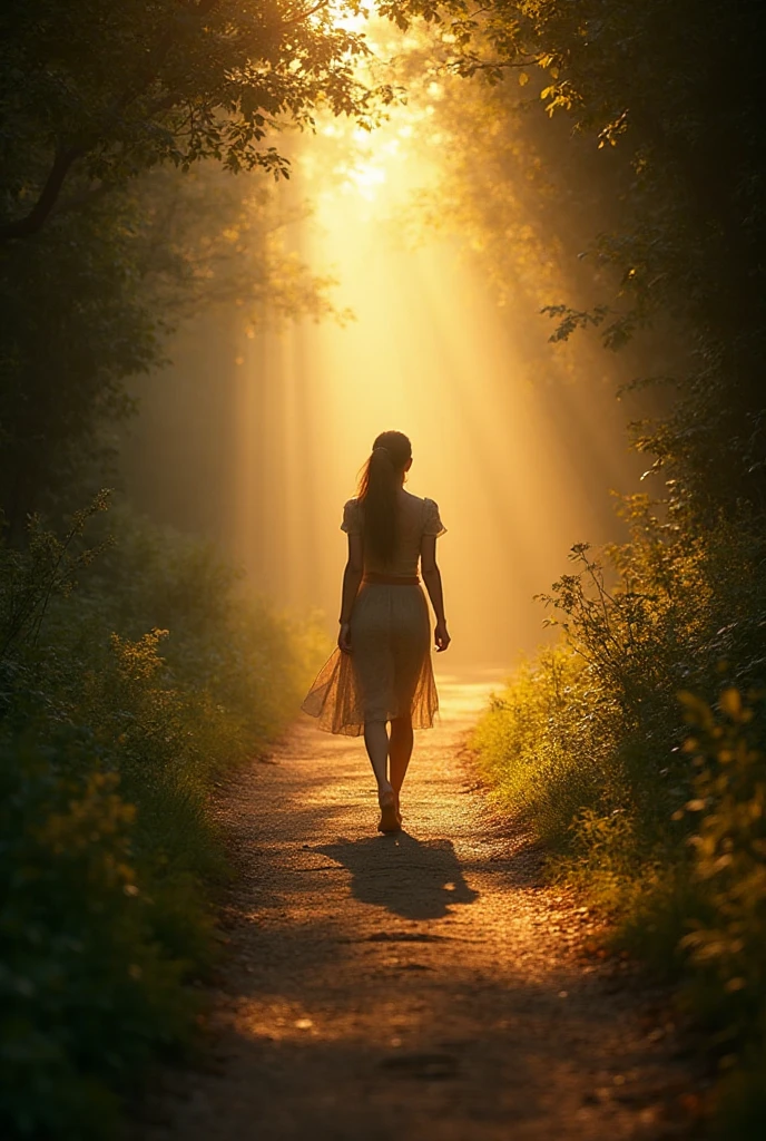 An ordinary human being walking along a path illuminated by a ray of ...