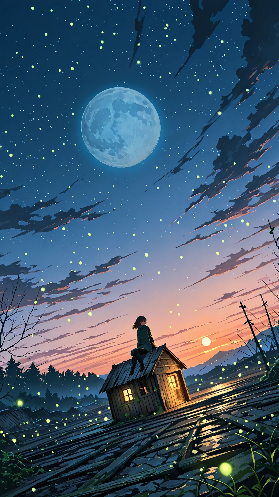 Wide view,((person sitting on the roof of an old abandoned wooden shack ...