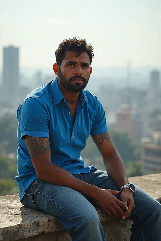Arafed man sitting on a ledge in a blue shirt, mohamed chahin - SeaArt AI
