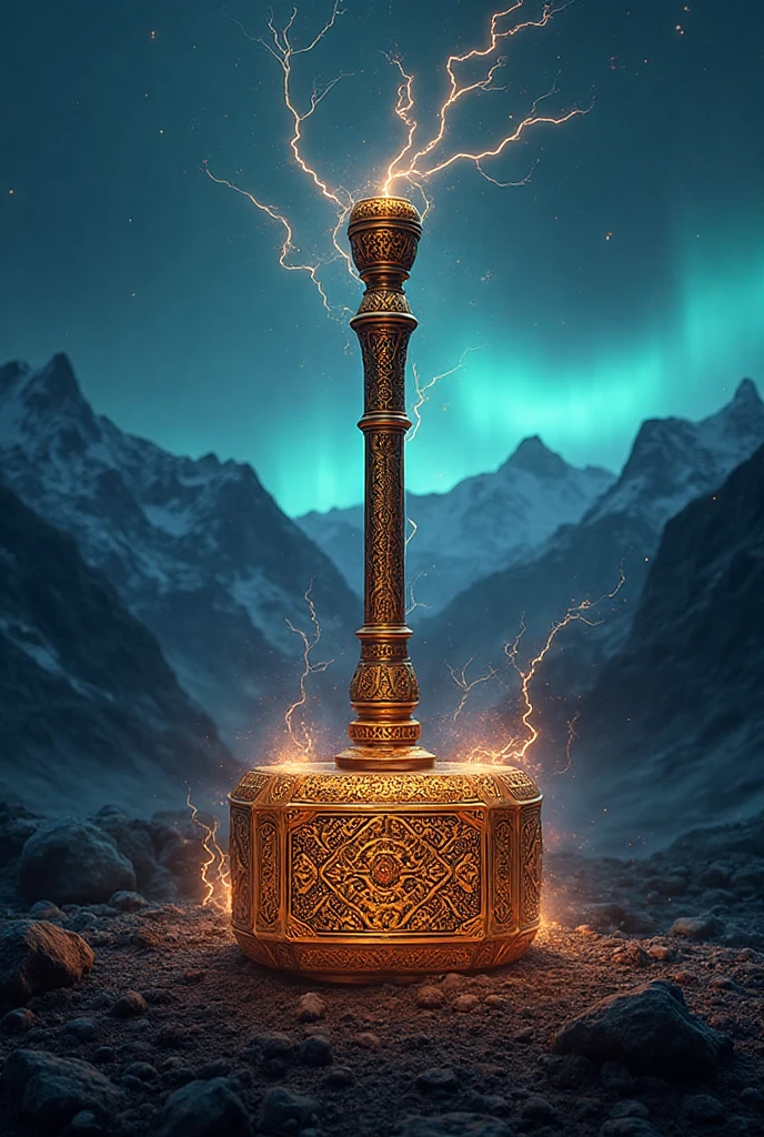 The ancient Mjolnir, decorated with runic symbols, radiating lightning ...