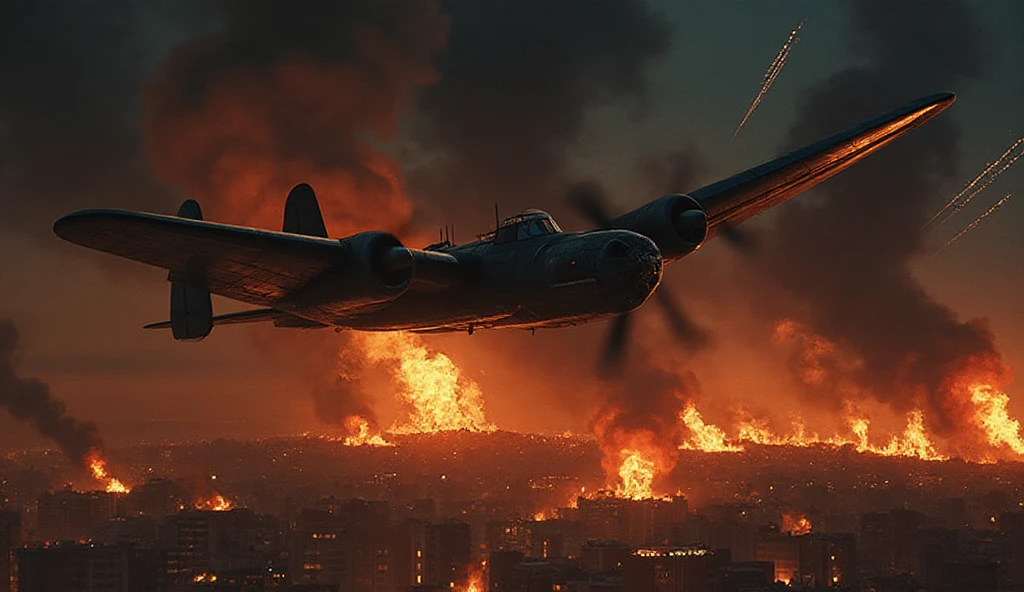 A cinematic World War II scene: a B-25 Mitchell bomber flying over a ...