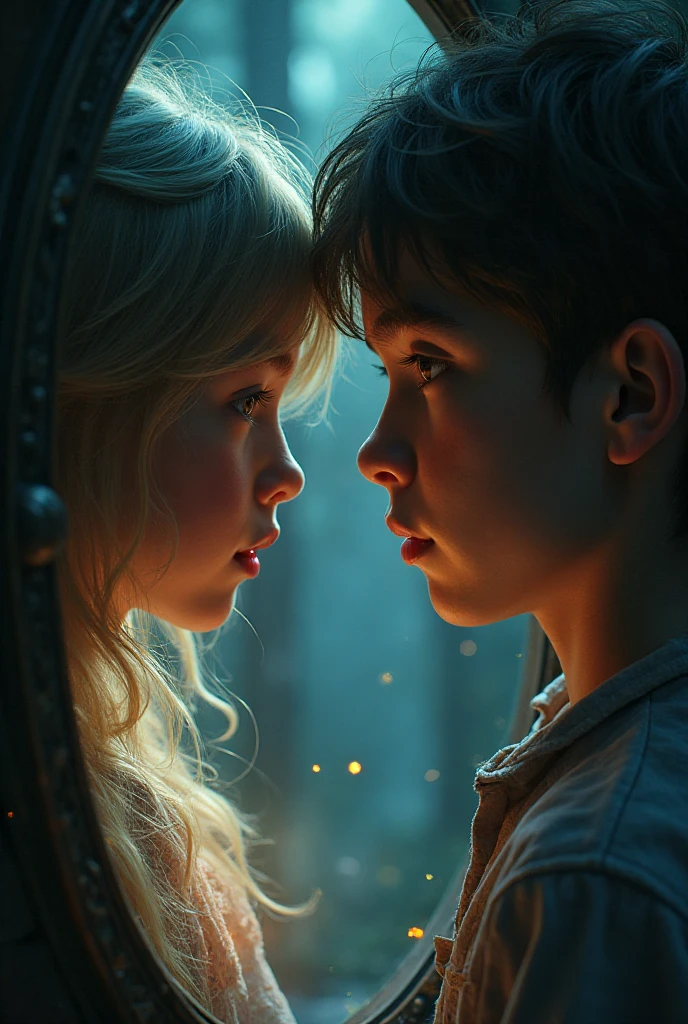 A girl inside a mirror and a boy outside the mirror facing each other ...
