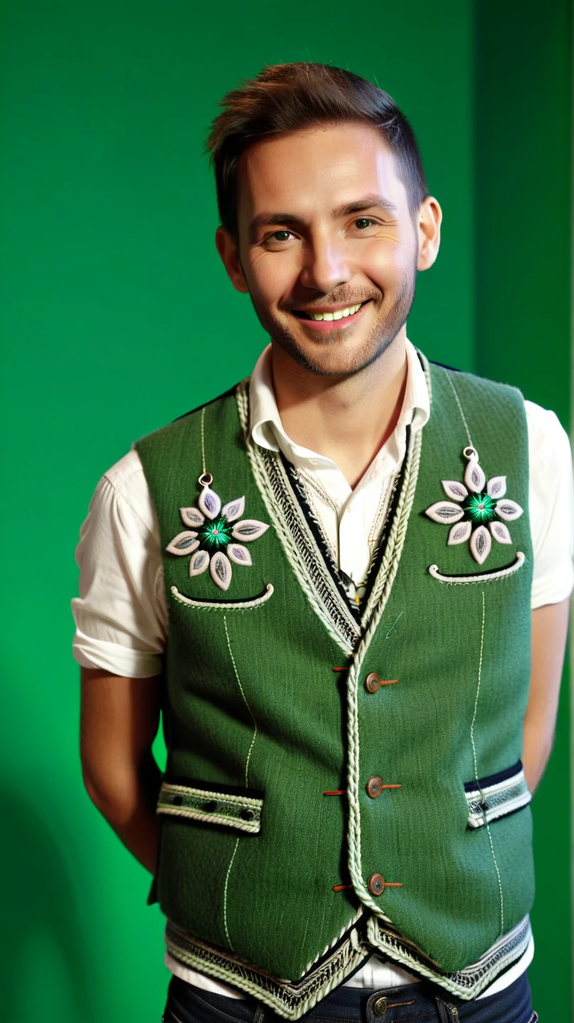 (waist-up mid-shot) Isolated on solid green (chroma) — a proud male ...