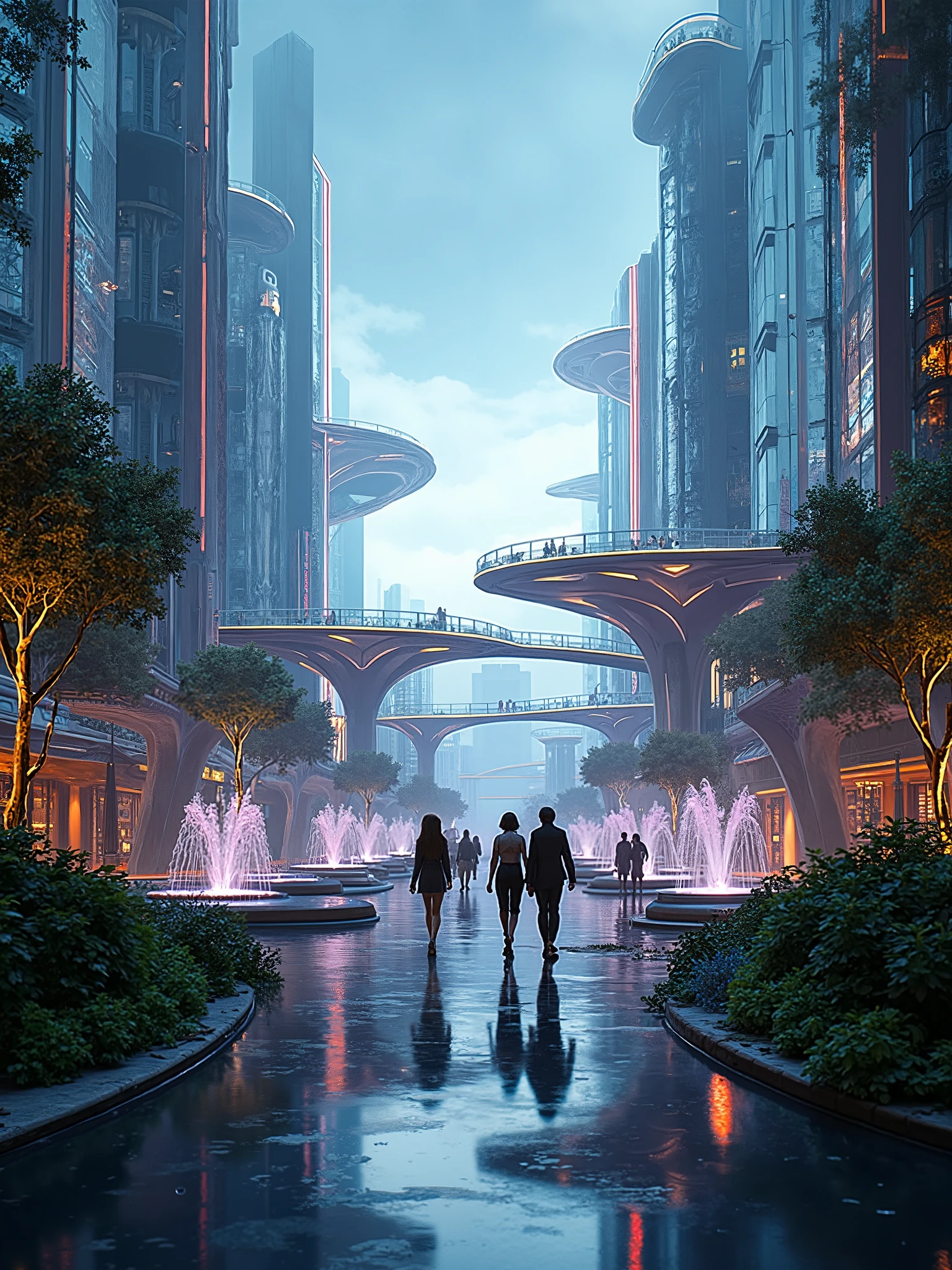Futuristic luxury theme park called 'Elevate Park', wide open spaces ...