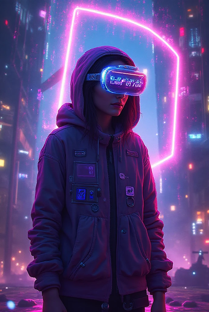 🔹 Personnage central : A stylized avatar, half-human, half-digital ...