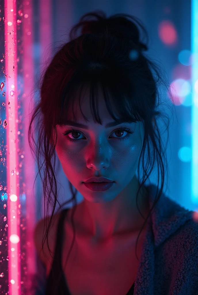 Portrait of a young woman looking directly at the camera, intense and ...