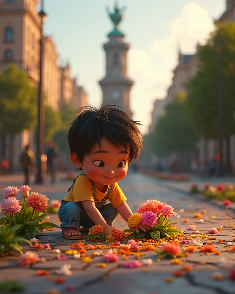 Pixar-style child/3D hiper-realista, sorridente, kneeling planting ...