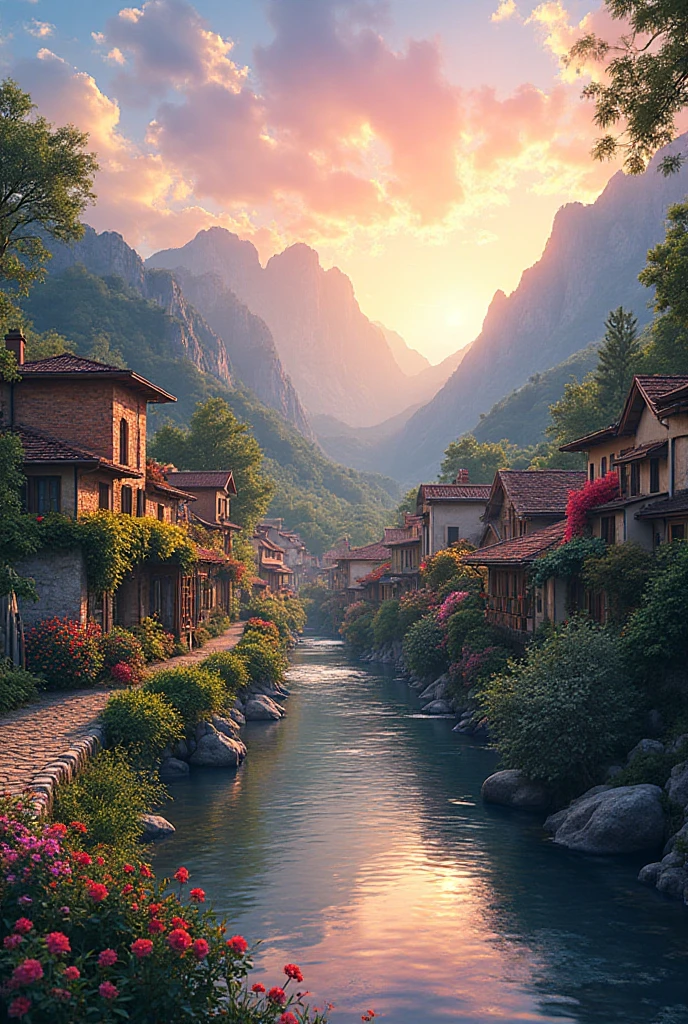 A small town by the river, mountains in the background, flores florales ...