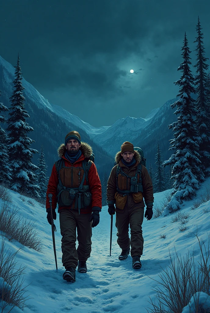 1950s Soviet hikers in winter gear, walking through snowy Ural ...