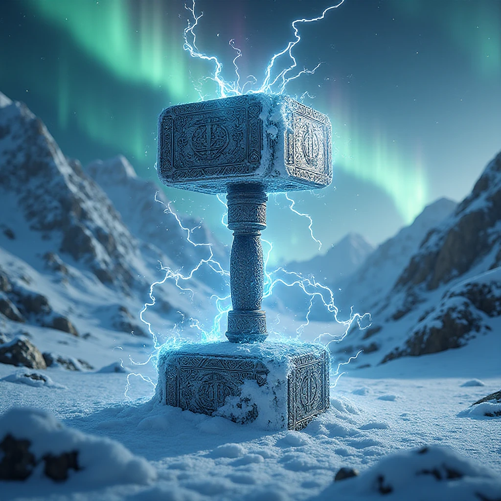 The ancient Mjolnir, stuck in the snow. decorated with runic symbols ...