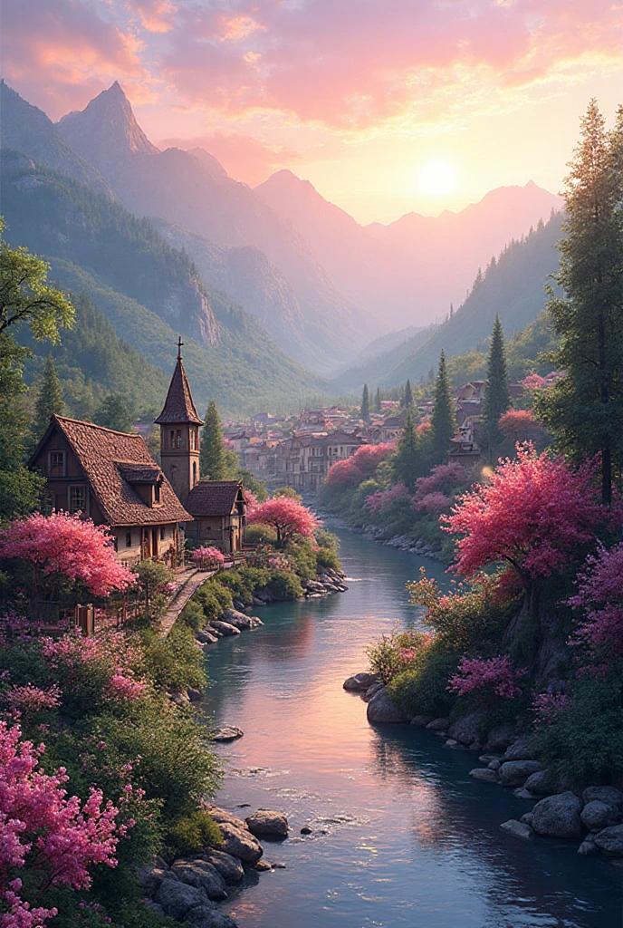 Small village by the river, mountains in the background, colorful pink ...