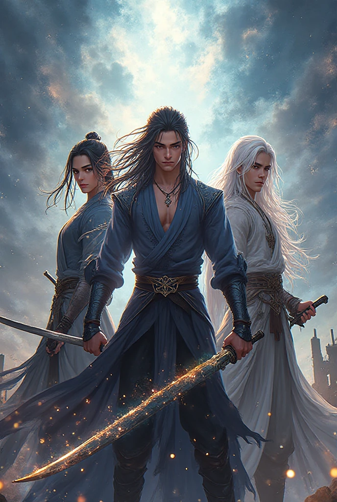 A breathtaking fantasy scene of three incredibly handsome men standing ...