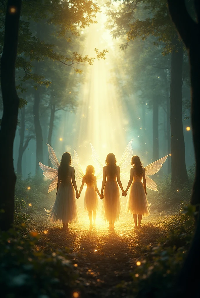 He four elemental fairies gather in a glowing forest clearing - SeaArt AI