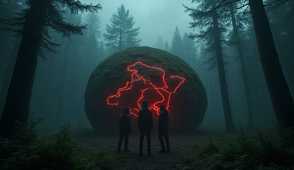 Cinematic wide shot, supernatural horror, a misty forest clearing at ...