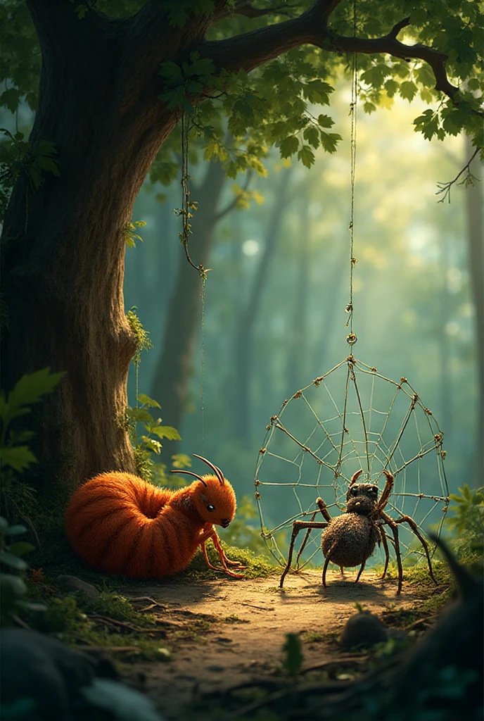 Generate a lazy ant sleeping against a tree and a spider that works to ...