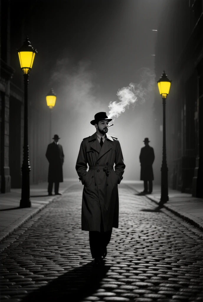 A man in a 1940s film noir style walks down a cobblestone street at night - SeaArt AI