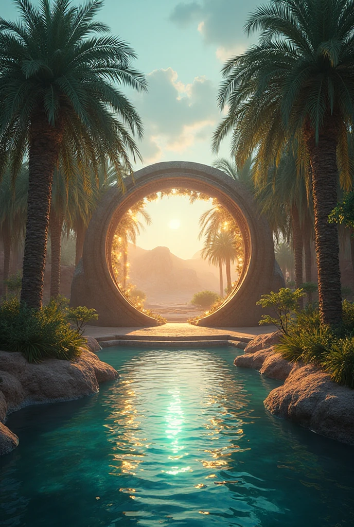 Circular mystical portal, in the center of an oasis, surrounded by palm ...