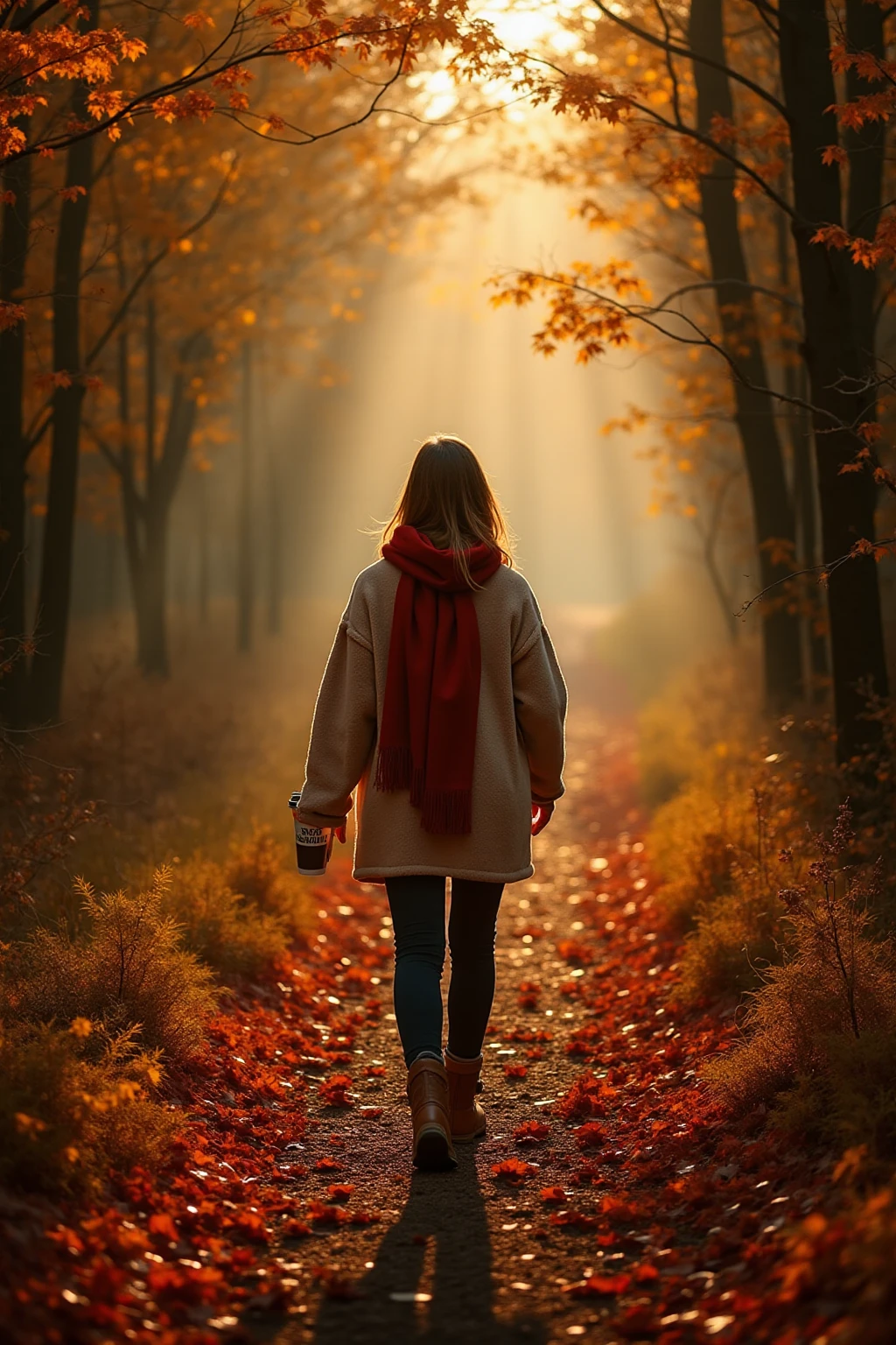 Cozy landscape photograph, person walking quietly along a trail covered ...