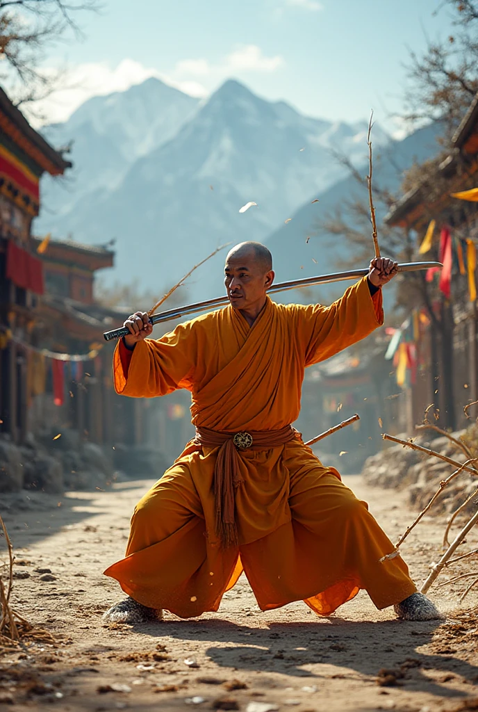 Create a detailed image of a Tibetan monk exercising with a sword in a ...