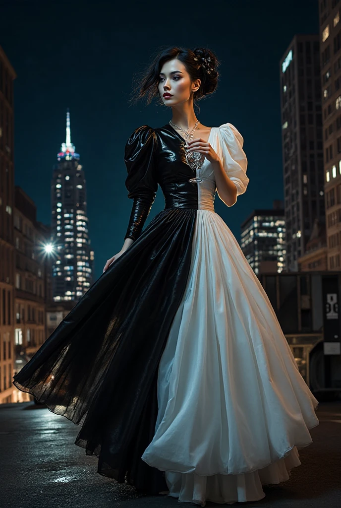 Photo de mode 8K, striking half-platinum half-black hairdo, She is ...