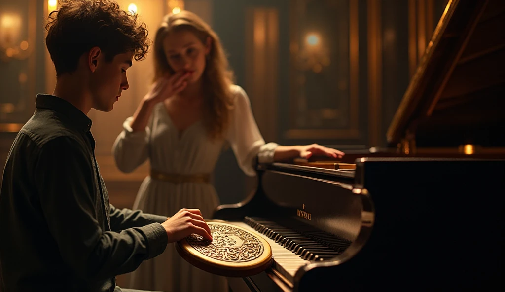 An irish bodhrán ia being played by a young man, Grand Piano player ...