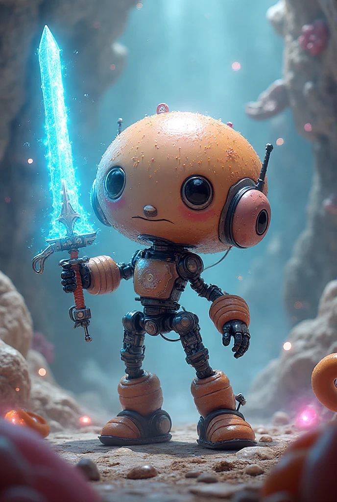 The donut head robot is a donut characteristic holding a blue - SeaArt AI