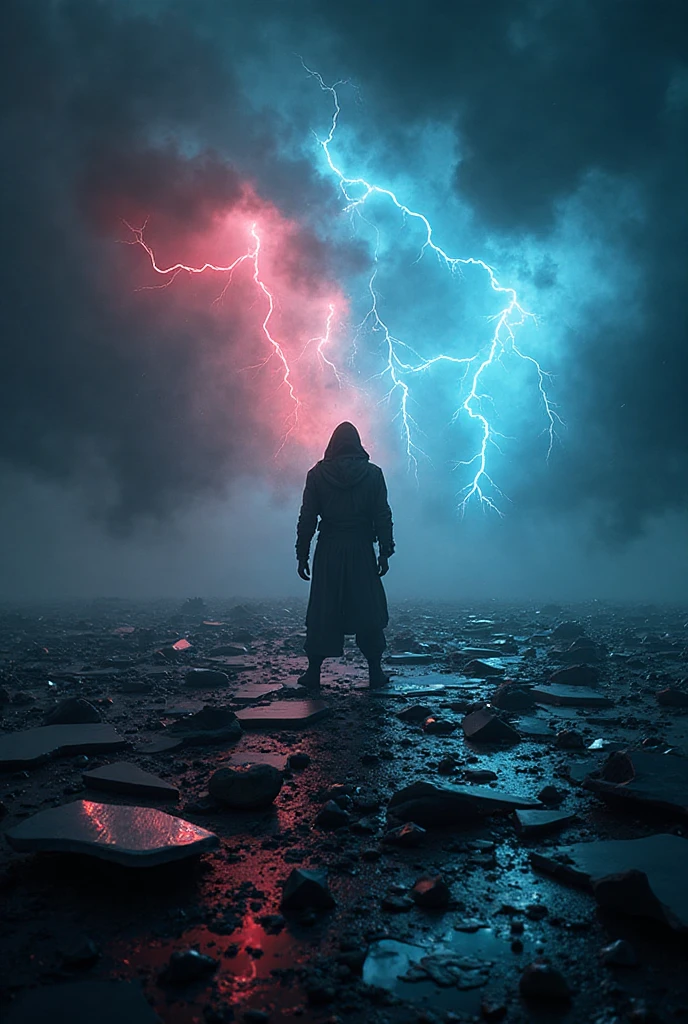 "A lone warrior standing in a battlefield of shattered mirrors ...