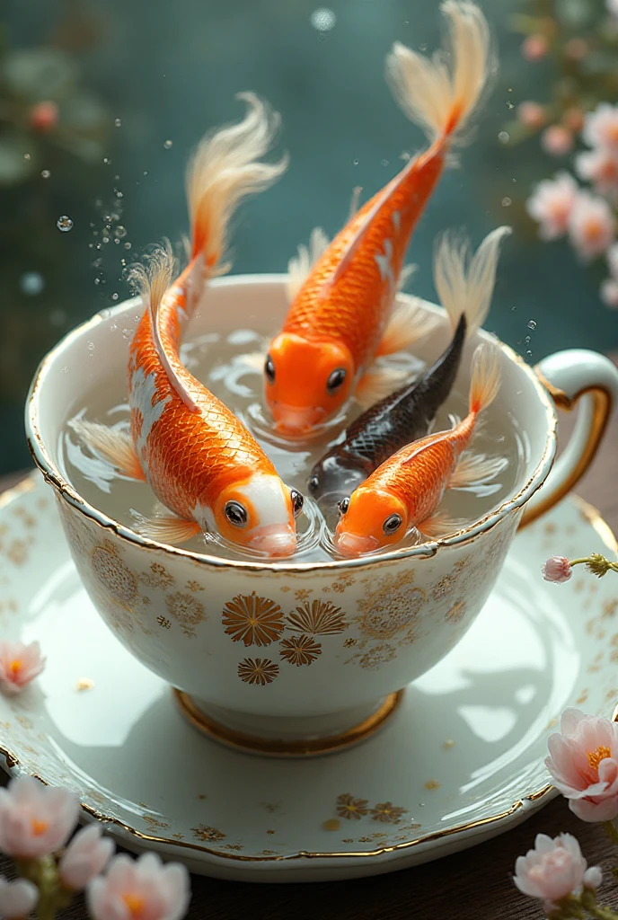 Koi fish swimming inside a teacup. - SeaArt AI