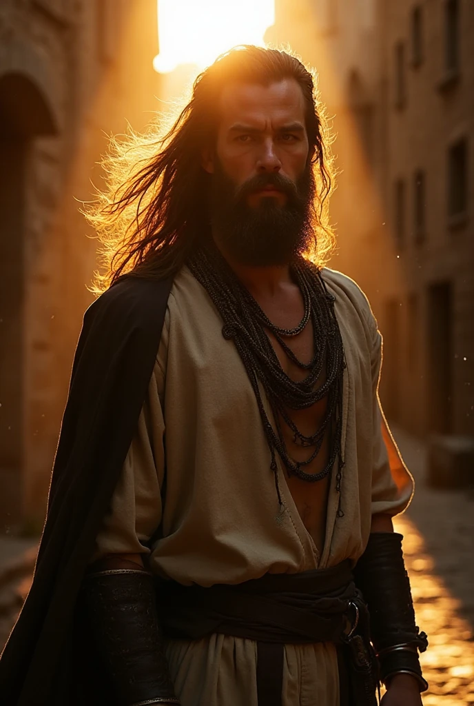Epic cinematic portrait of a heroic man with long flowing hair and a ...