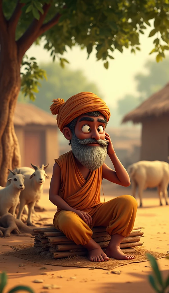3D cartoonish style, rural Indian farmer sitting on a wooden charpai ...